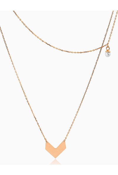 Kuyumcudükkanı Üçgen Ve İncili İkili Kolye Rose Altın Kaplama