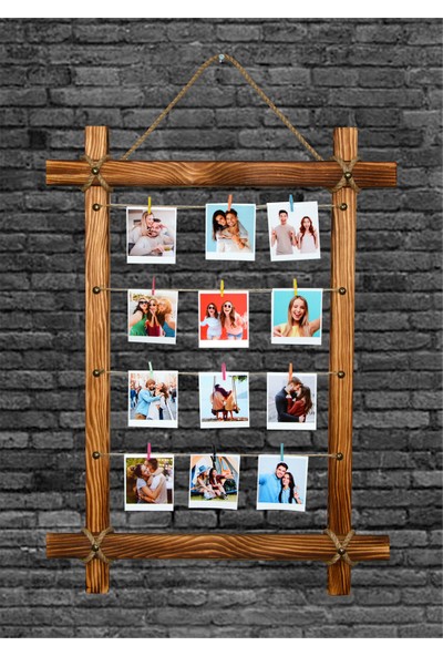 Jut Ahşap Mandallı Resim Çerçevesi İpli Fotoğraf Askısı 12 Mandallı