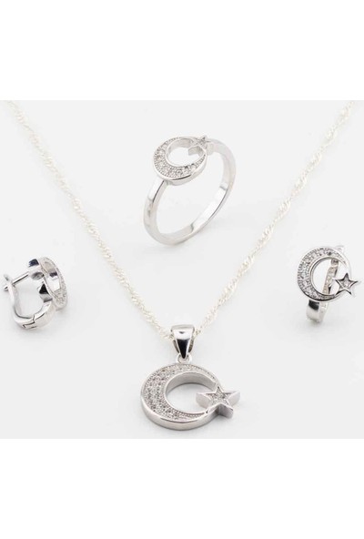 Takıhan  925 Ayar Gümüş Zirkon Taşlı Ay Yıldız Bayan Set