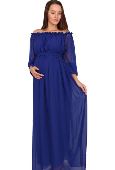 Moda Labio Babyshower Dökümlü Saks Mavi Hamile Elbisesi Moda Labio Babyshower Dökümlü Saks Mavi Hamile Elbisesi
