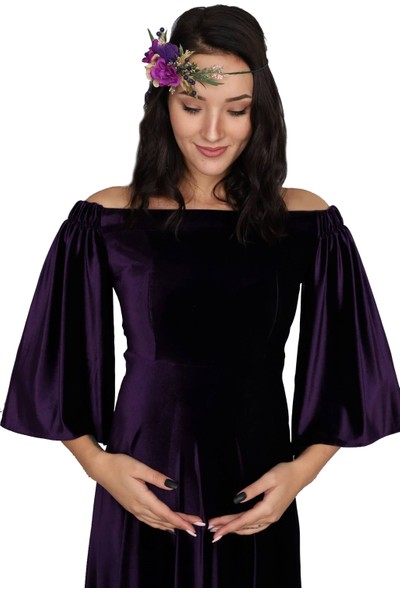 Moda Labio Düşük Omuz Kadife Mor Hamile Elbisesi Moda Labio Düşük Omuz Kadife Mor Hamile Elbisesi