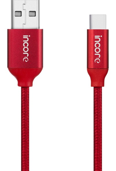 Incore inLine USB-C Type-C 1 Mt USB 3.0 Örgülü Hızlı Şarj ve Data Kablosu 3A Samsung Huawei Xiaomi Sony Kırmızı