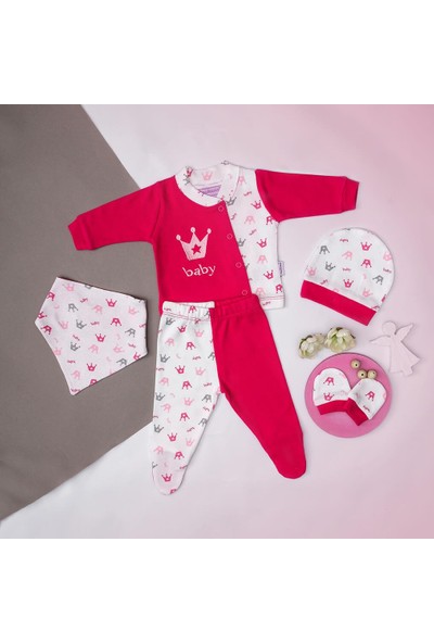 Mukano Kız Bebek Taç Nakışlı 5'li Set Hastane Çıkış Seti
