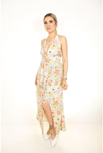 Misscix Çiçek Desenli Eteği Yırtmaçlı Ip Askılı Croplu Takım