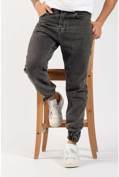 Erkek Koyu Gri Kar Yıkama Paçası Lastik Cırtlı Jogger Boyfriend Kot Pantolon 32