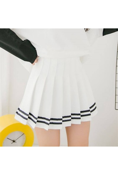 Beyaz Harajuku Siyah Şeritli Etek