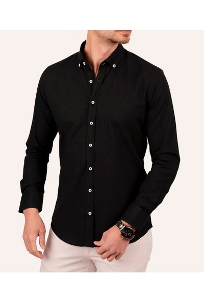 Buffon 1445 Erkek Uzun Kollu Slim Fit Siyah Gömlek