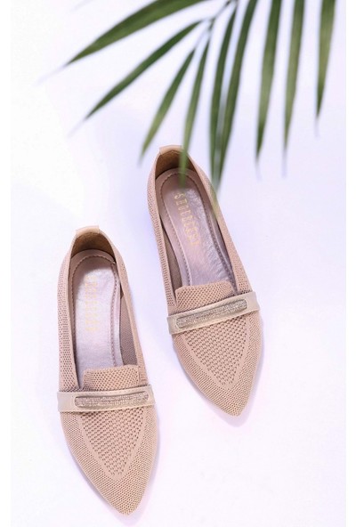 Kadın Ten Triko Taşlı Babet