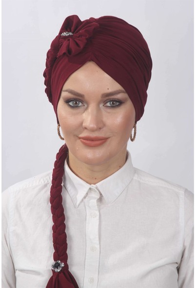 Çiçekli Örgülü Hazır Bone Bordo