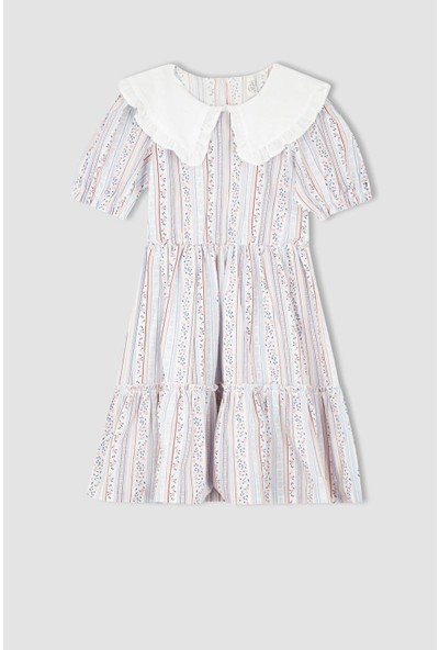 DeFacto Kız Çocuk Regular Fit Geniş Yaka Desenli Kısa Kollu Poplin ELBISE X7375A622HS