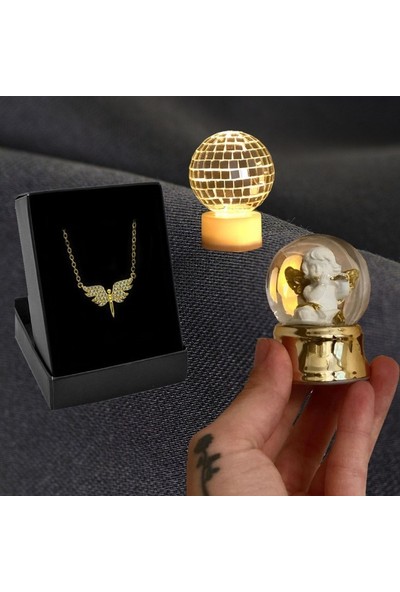 Regalo Altın Yaldızlı Melek Kar Küresi & Melek Kolye & Gece Lambası Regalo Altın Yaldızlı Melek Kar Küresi & Melek Kolye & Gece Lambası