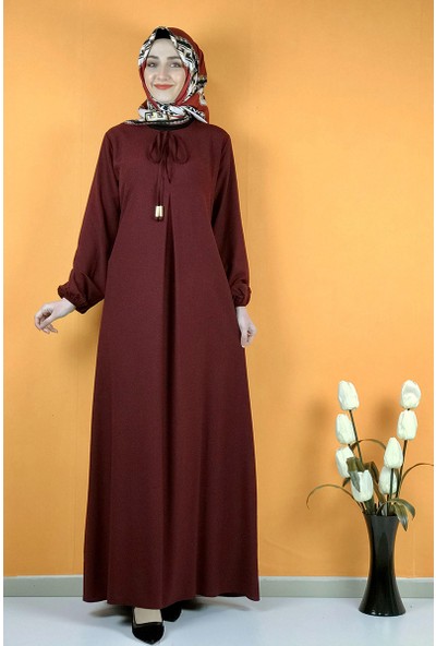 Sinelay Moda Çizgi Bağcık Detaylı Tesettür Elbise Vişne