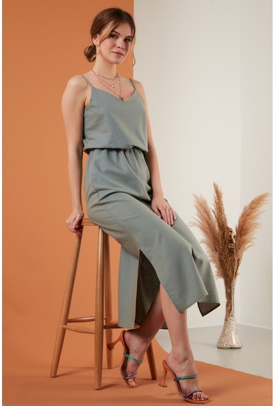 Lela V Yaka Ip Askılı Çift Yırtmaçlı Keten Uzun Elbise Bayan Elbise 6051292