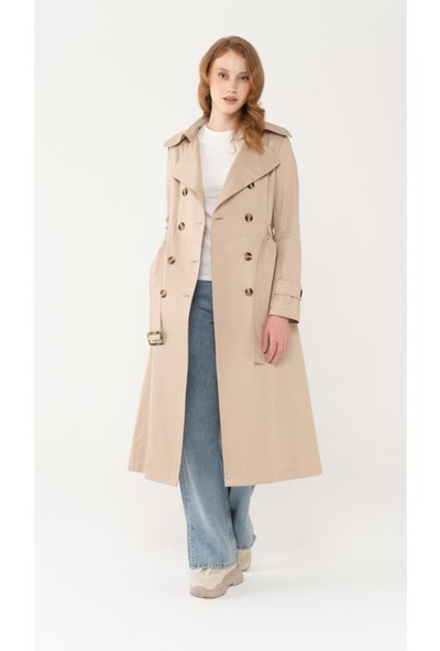 Olcay Kemeri Dikiş Detaylı Yarım Astarlı Kruvaze Trençkot Taş 6377