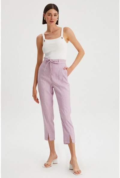 Parkkaron Kadın Bel Bağcıklı Paça Detay Keten Pantolon