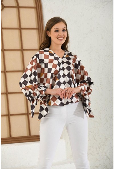 4over4 Bel Bağcıklı Desenli Saten Bluz
