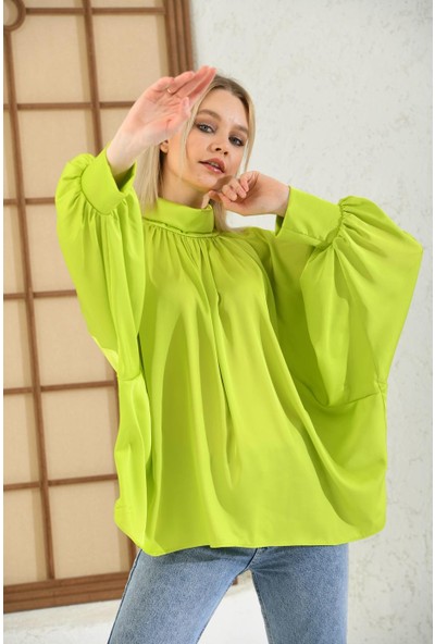 4over4 Ön Pileli Yarasa Kol Saten Bluz