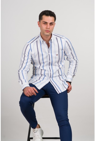 Dorss Regular Fit Pamuklu Yaka Düğmeli Çizgili Premium Serisi Erkek Gömlek
