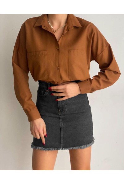 Vivoon Çift Cep Kadın Kahverengi Oversize Gömlek