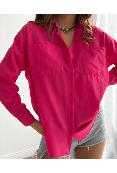 Vivoon Çift Cep Kadın Violet Renk Oversize Gömlek