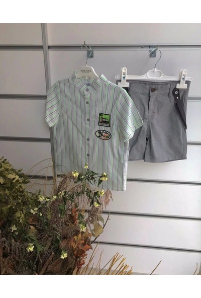 Bontino Çizgi Desenli Gömlek Askılı Şort Takım
