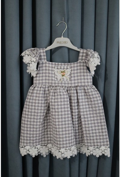 Kareli Güpür Detaylı Elbise Gri