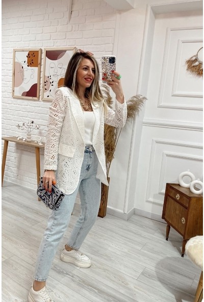 My Dream Kadın Güpürlü Ekru Blazer Yazlık Ceket My Dream Kadın Güpürlü Ekru Blazer Yazlık Ceket
