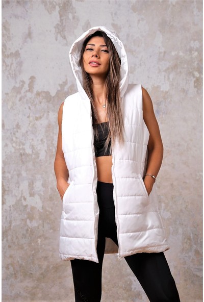 Keyifli Moda Kadın Beyaz Kapüşonlu Cepli Kolsuz Şişme Yelek Keyifli Moda Kadın Beyaz Kapüşonlu Cepli Kolsuz Şişme Yelek