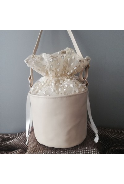 Şanel Handmade Shop Gk-39 Krem Tüllü Deri Gelin Kesesi Gelin El Çantası Takı Kesesialtın Kesesi