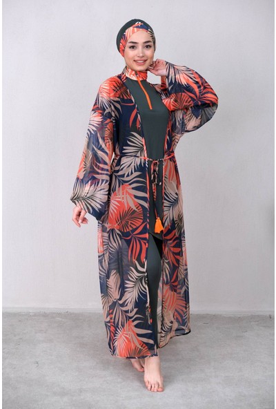 Marina Haki Kadın Tesettür Mayo Üzerine Kimono Pareo P2204