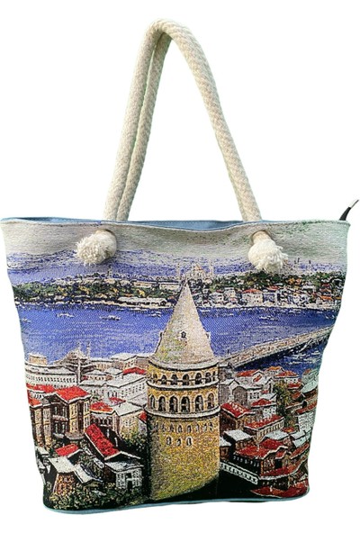 Dokuma Plaj Çantası - Galata Kulesi Modeli