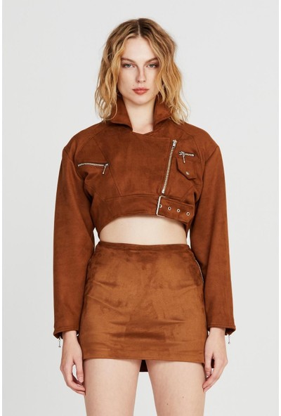 I am not basic Kadın Kahverengi Süet, Crop Ellinor Ceket