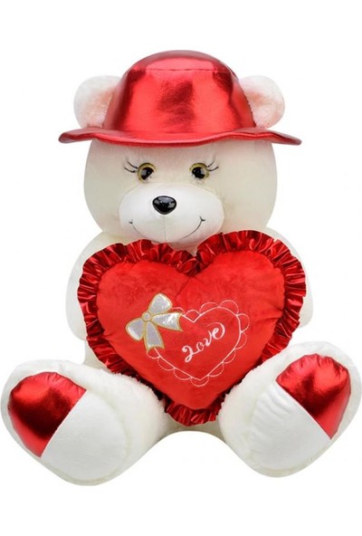 Selay Şapkalı Ayı 60 cm Ekru Kalpli Pelüş Ayı