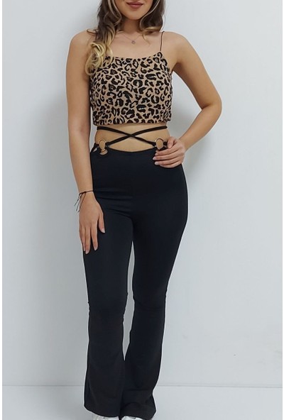 Moda 55 Ispanyol Paça Çift Halkalı Pantolon Siyah Moda 55 Ispanyol Paça Çift Halkalı Pantolon Siyah