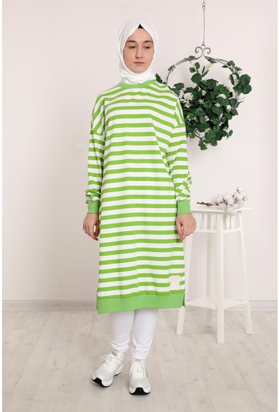 Soul Nisaca Iki Ip Çizgili Tesettür Uzun Tunik Yeşil