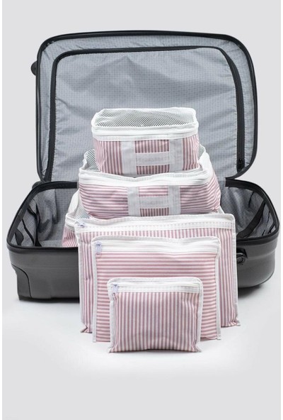Strongart 6 Parça Valiz Organizer Seti - Pembe Beyaz Çizgili