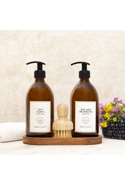Reoona Oval Standlı Beyaz Etiketli Fırçalı Sıvı Sabun Bulaşık Deterjanı Amber Şişe Seti 500ml Reoona Oval Standlı Beyaz Etiketli Fırçalı Sıvı Sabun Bulaşık Deterjanı Amber Şişe Seti 500ml
