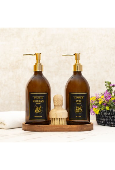 Reoona Oval Standlı Siyah Etiketli Gold Başlıklı Fırçalı Bulaşık Deterjanı Çamaşır Suyu Amber Şişe Seti Reoona Oval Standlı Siyah Etiketli Gold Başlıklı Fırçalı Bulaşık Deterjanı Çamaşır Suyu Amber Şişe Seti