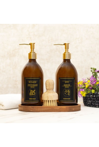 Reoona Oval Standlı Siyah Etiketli Gold Başlıklı Fırçalı Bulaşık Deterjanı Sıvı Sabun Amber Şişe Seti Reoona Oval Standlı Siyah Etiketli Gold Başlıklı Fırçalı Bulaşık Deterjanı Sıvı Sabun Amber Şişe Seti