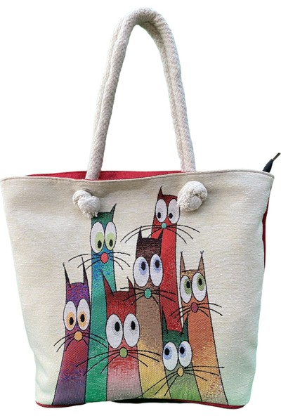 Dokuma Plaj Çantası -Altılı Kedi Deseni