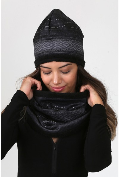 Hamur Siyah Kadın Bere ve Boyunluk 2li Set Takım Dote Peluş Wellsoft BB-091