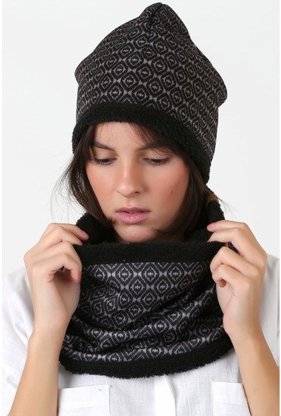 Hamur Siyah Kadın Bere ve Boyunluk 2li Set Takım Unique Peluş Wellsoft BB-095