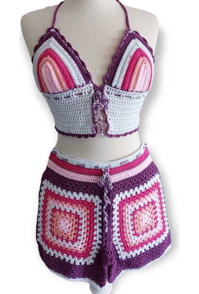 ByGaga Kadın Mor El Örgüsü Plaj Şortu