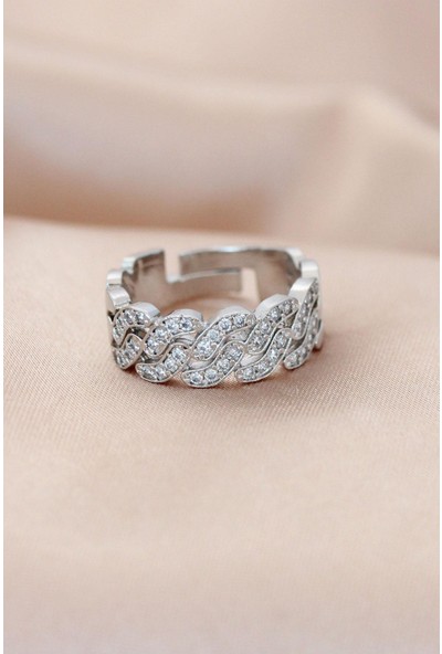 Clariss Gümüş Metal Zincir Desenli Zirkon Taşlı Ayarlanabilir Yüzük