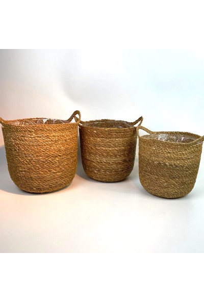 Dedo Dekoratif Obje Yuvarlak Kulplu Sepet Saksılık 3'lü Set
