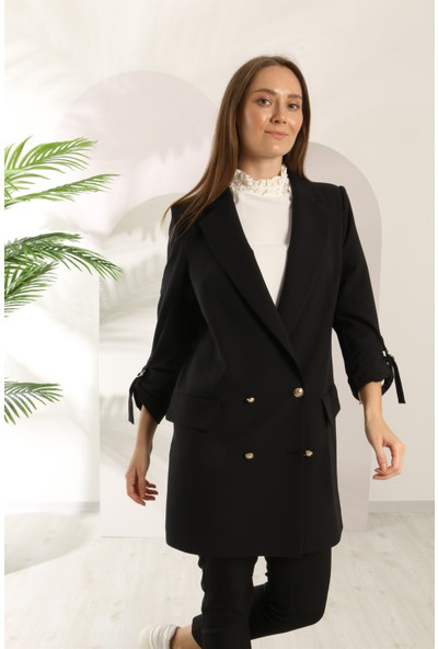 Zühre Önden Düğme Kapamalı Düz Uzun Kollu Siyah Ceket C-0030