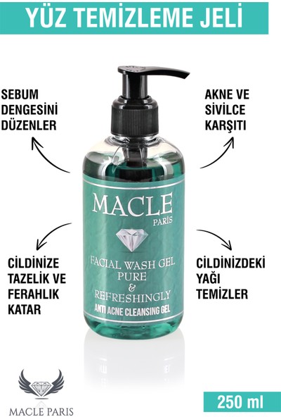 Macle Paris Akne ve Siyah Nokta Karşıtı + Arındırıcı ve Tazeleyici Yüz Temizleme Jeli 250 ml Macle Paris Akne ve Siyah Nokta Karşıtı + Arındırıcı ve Tazeleyici Yüz Temizleme Jeli 250 ml