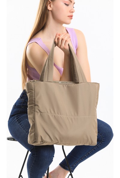 Lacheln Kadın Bej Fermuarlı Su Geçirmez Plaj Çantası Deniz Kumsal Iç Cepli Büyük Plaj Çantası