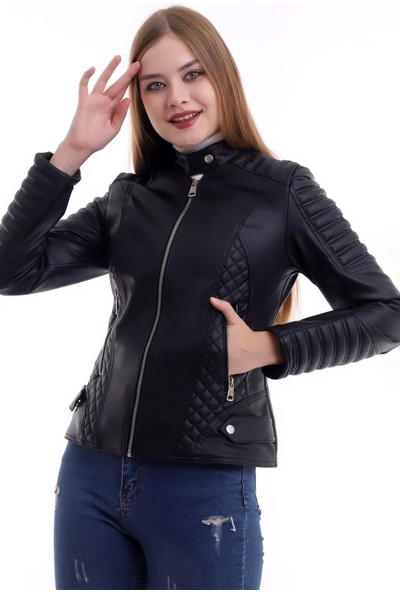 Docces Yan Detaylı Kadın Deri Ceket Mont Siyah DCS7502S