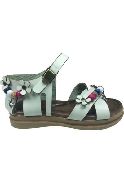 Ortopedikal Grafen Patik Kız Çocuk Sandalet Beyaz Çapraz Atkılı Boncuklu Günlük Ayakkabı